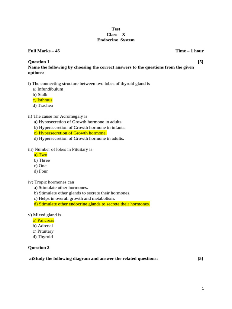 Revision Test (Endocrine System) | PDF