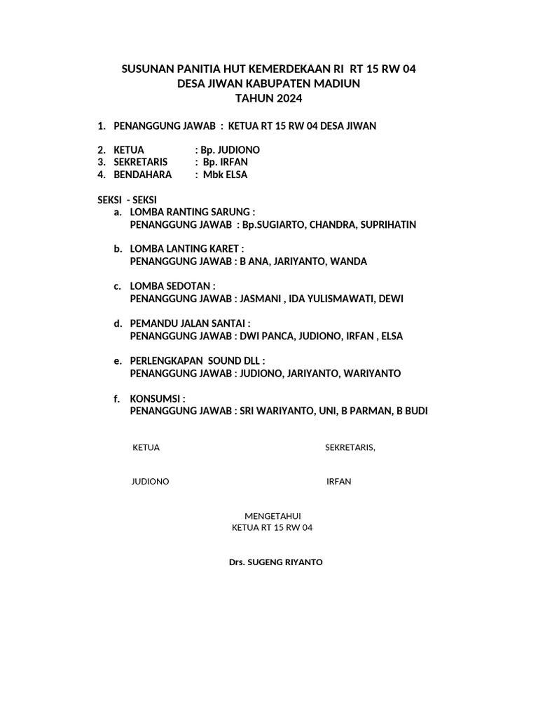 Susunan Panitia Hut Kemerdekaan Ri | PDF