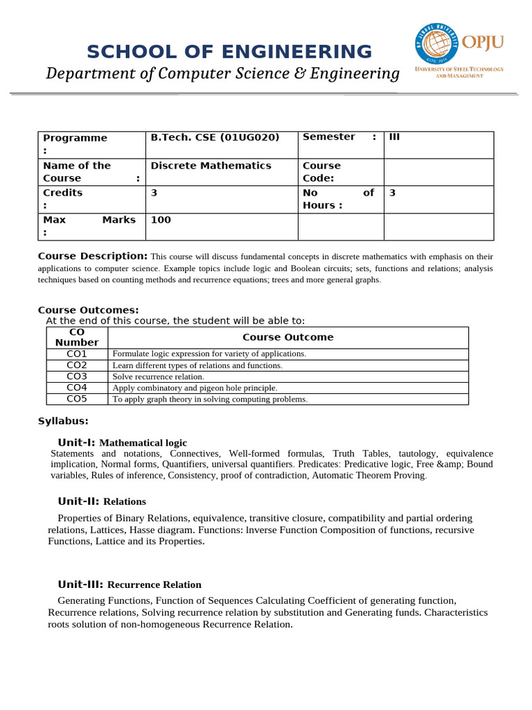 Discrete Mathematics Syllabus | PDF