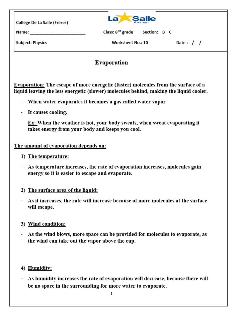 Worksheet (10) Evaporation | PDF