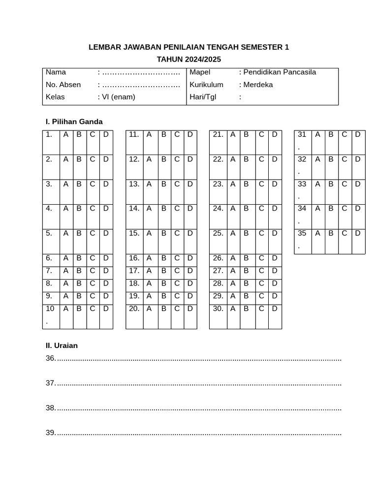 LEMBAR JAWAB (Mapel Apa) PSTS Sem 1 Kelas VI Kumer | PDF