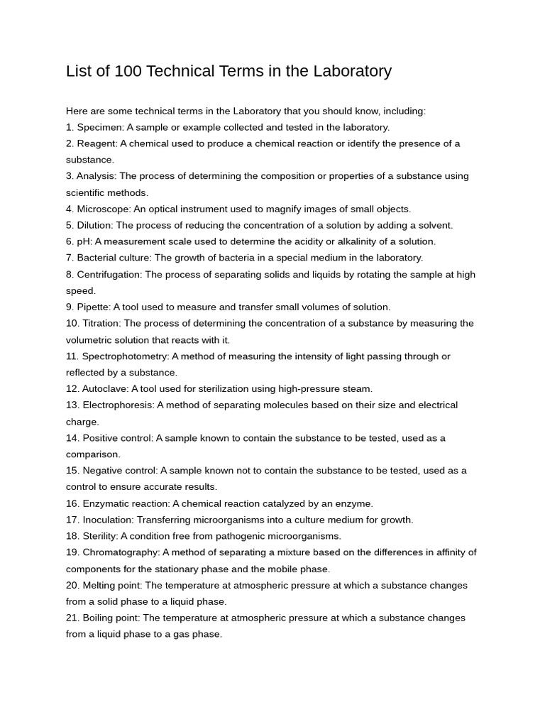 List of 100 Technical Terms in The Laboratory | PDF