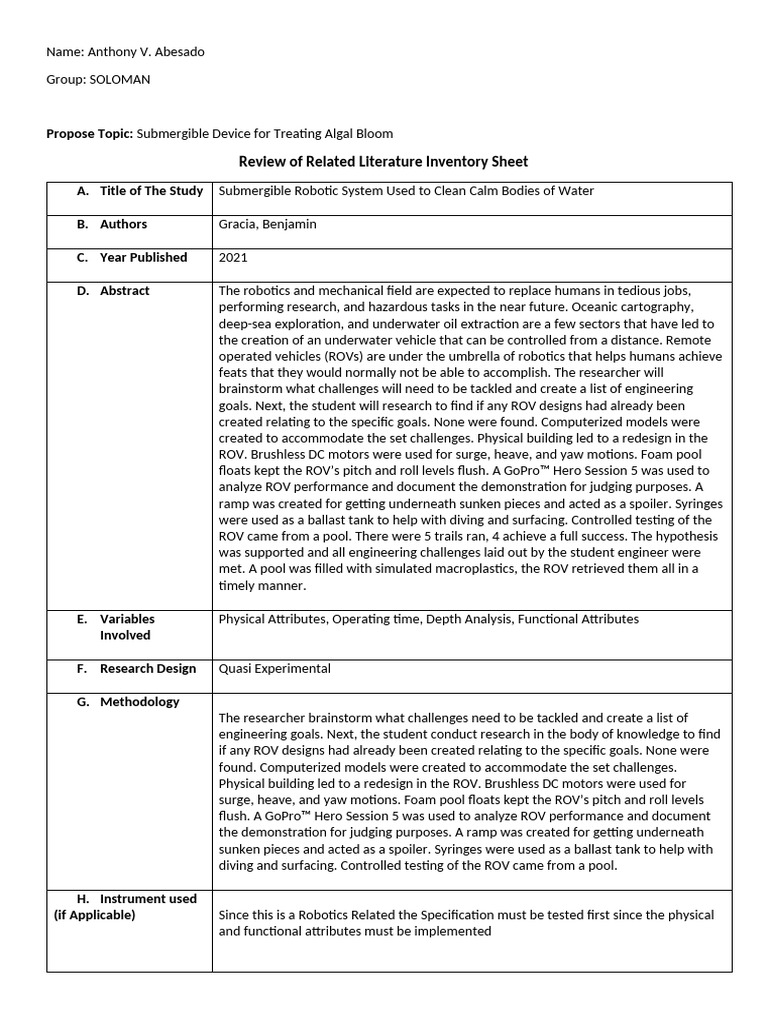 RRL Inventory For Topic Defense Sample STEM | PDF