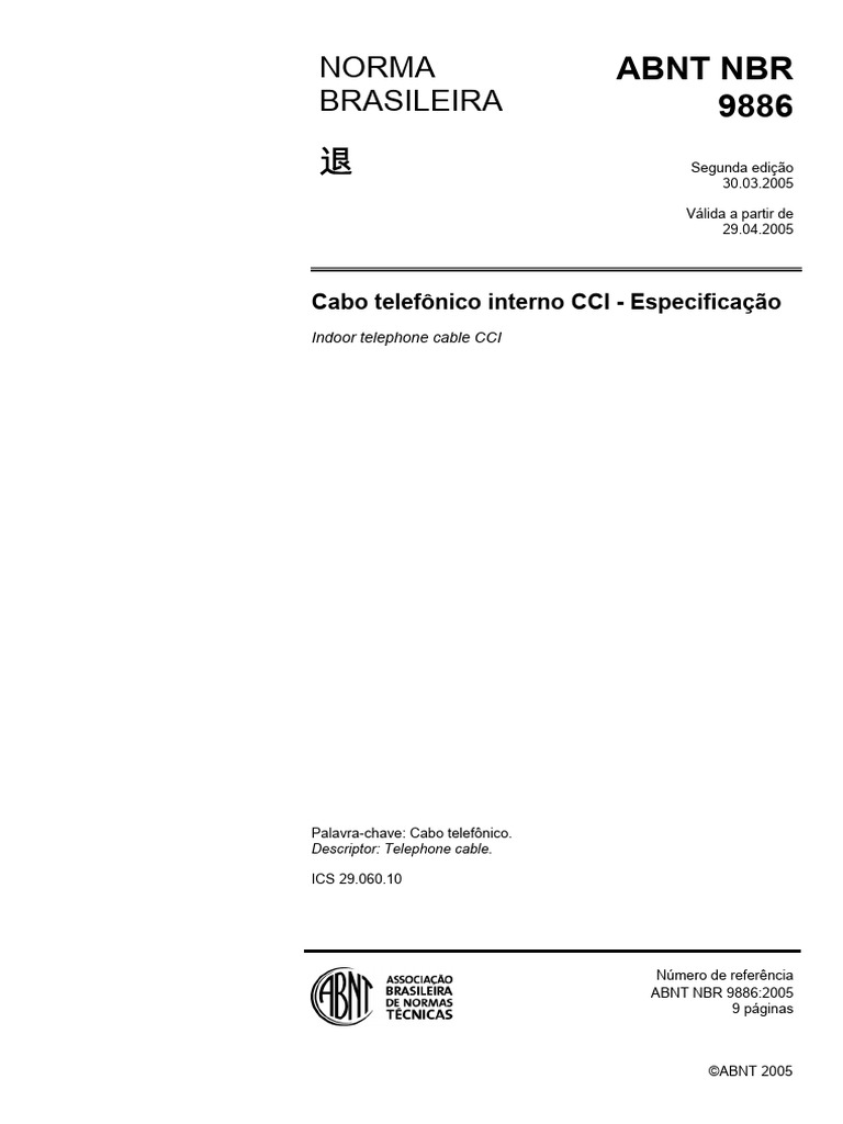 NBR 09886 - Cabo Telefonico Interno CCI Isolado Com Cloreto de ...