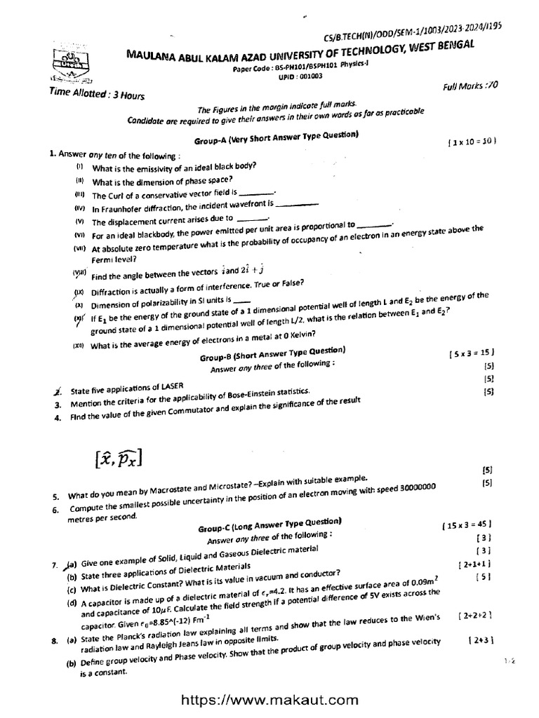 Btech 1 Sem Physics 1 Bs Ph101 2024 | PDF