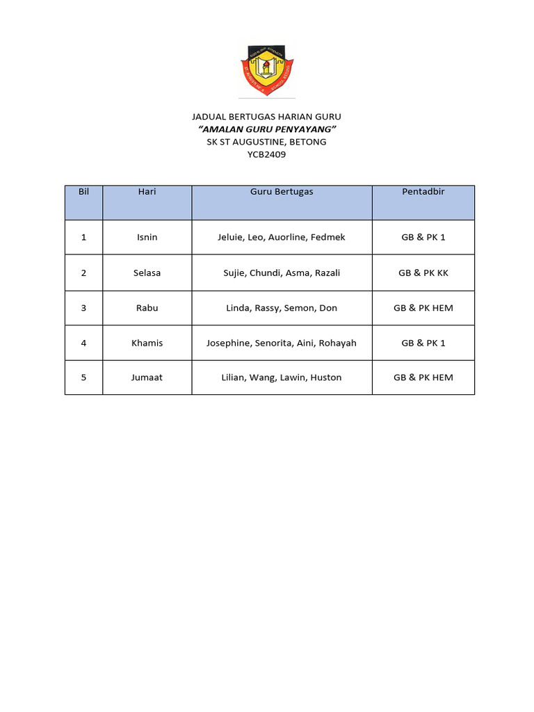 Jadual Bertugas Harian Guru | PDF