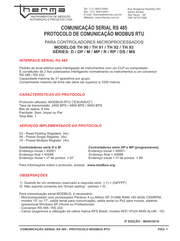 Protocolo Modbus Controlador Temperatura Serie MP | PDF