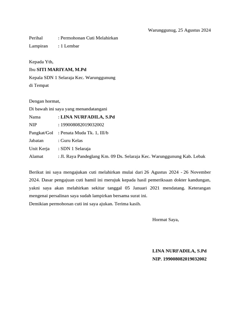 Contoh Surat Cuti Melahirkan Pns | PDF
