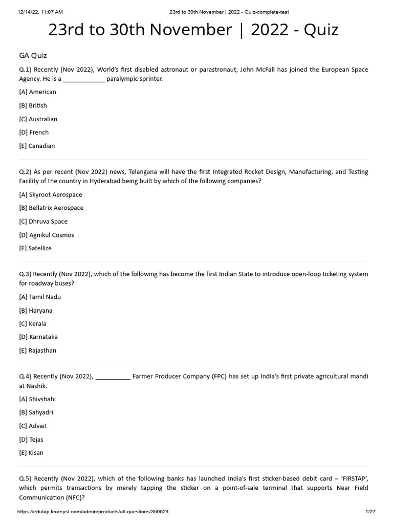 23rd To 30th November 2022 - Quiz-Complete-Test Lyst8072 | PDF