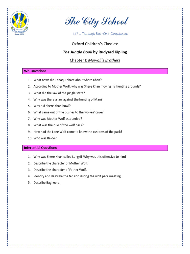 1 1 7 The Jungle Book Ch 1 Comprehension 1 Pdf