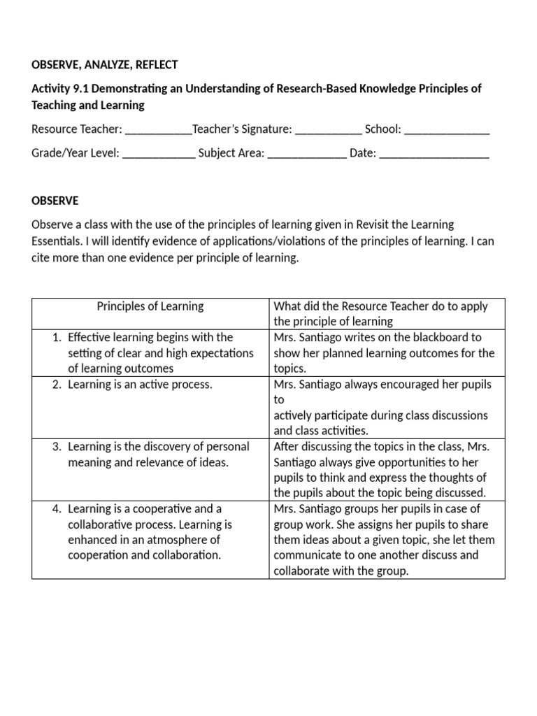 Observe, Analyze, Reflect Activity 9.1 Demonstrating An Understanding ...