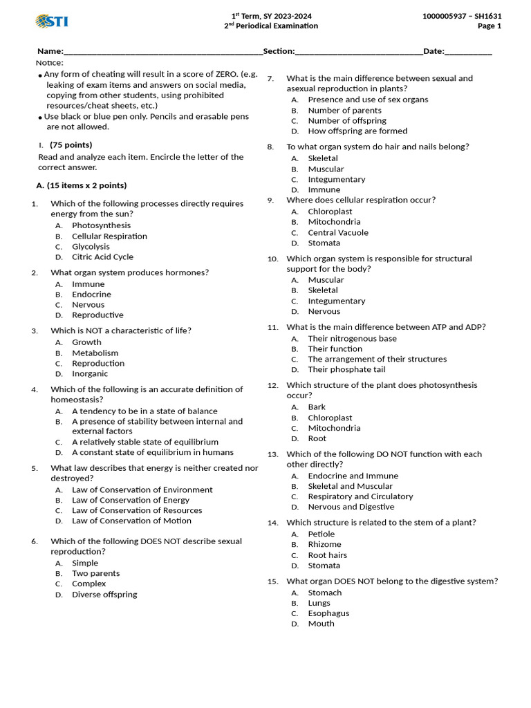EARTH AND LIFE SCIENCE FINAL EXAM 1st Term | PDF | Cell (Biology ...