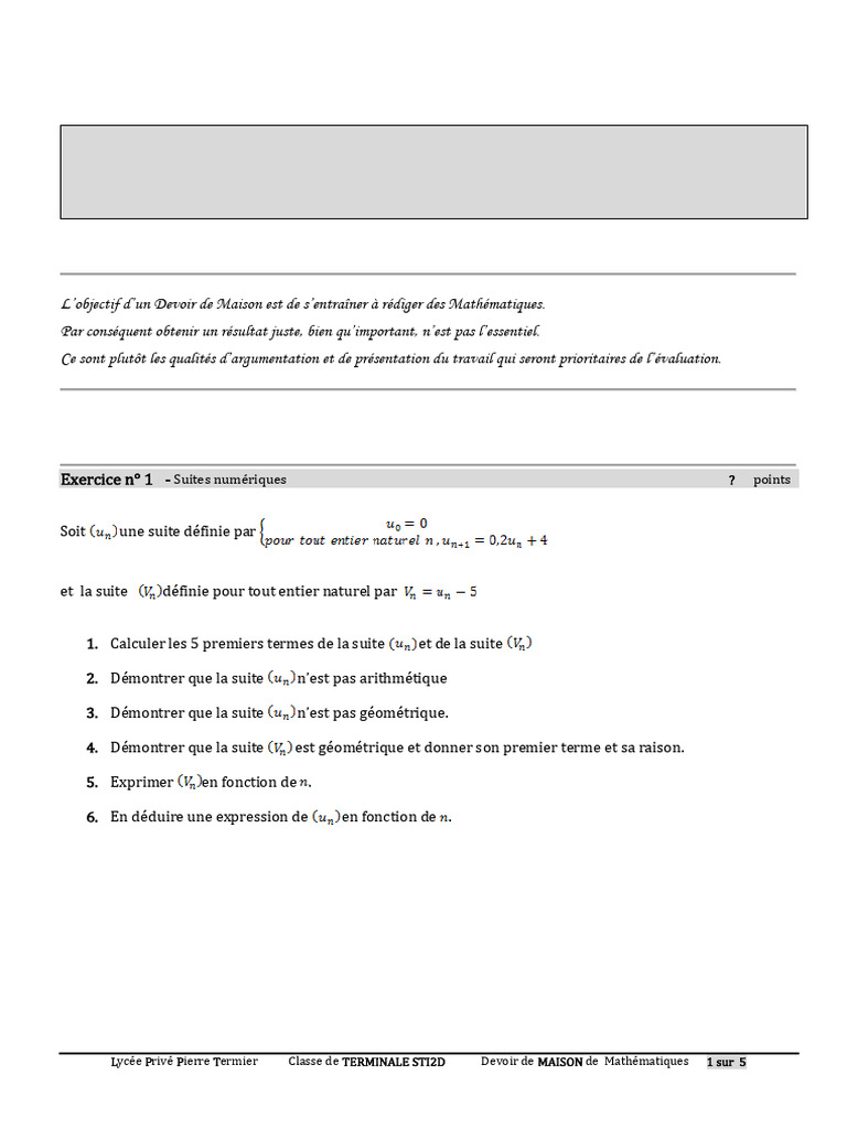 DM Maths Rentrée Terminale STI2D | PDF