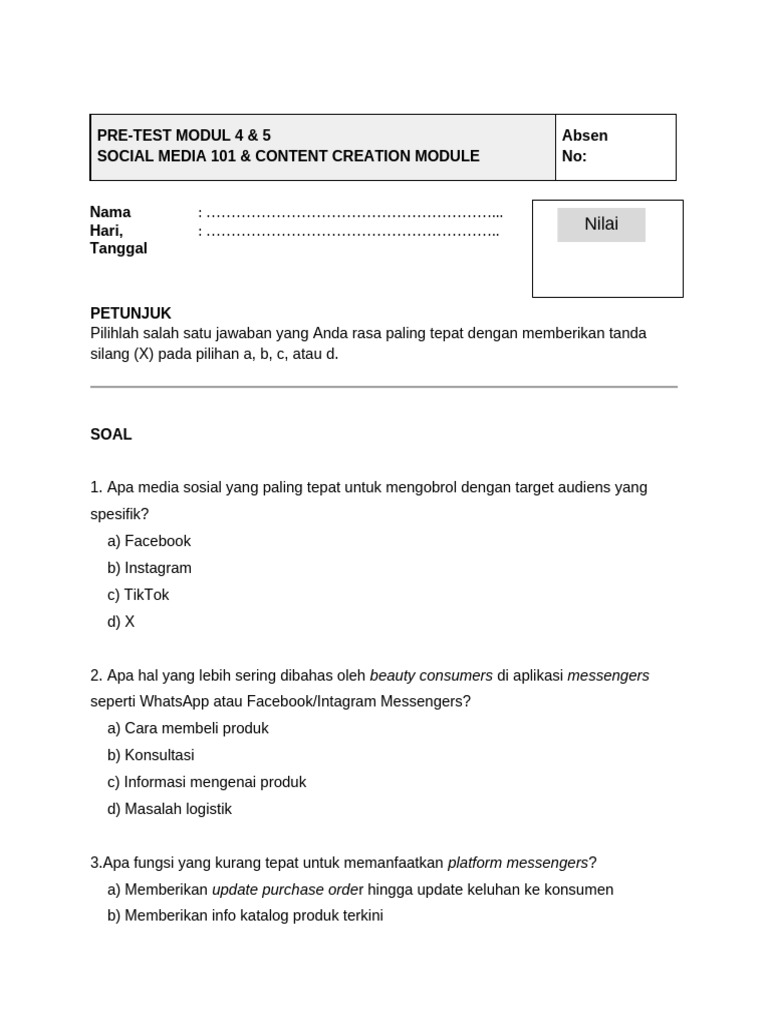 Pretest Modul 4 5 Social Media 101 Content Creation Module Pdf