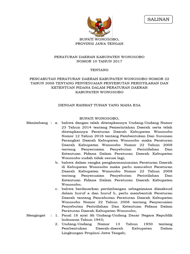 Perda No. 10 Th. 2017 Tentang Peraturan Daerah Kab WNSB | PDF