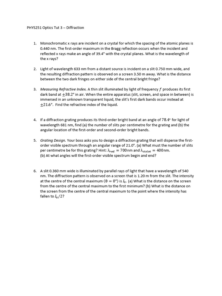 Optics Tut 3 - Diffraction | PDF
