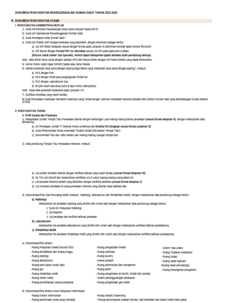 Daftar Lampiran Dokumen Dan Persyaratan Teknis Kerjasama FKRTL Tahun 2023 (KAMAR BERSALIN) | PDF
