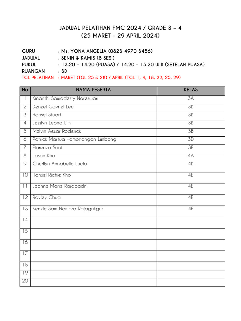 Jadwal Pelatihan FMC 2024 Grade 3 - 4 | PDF