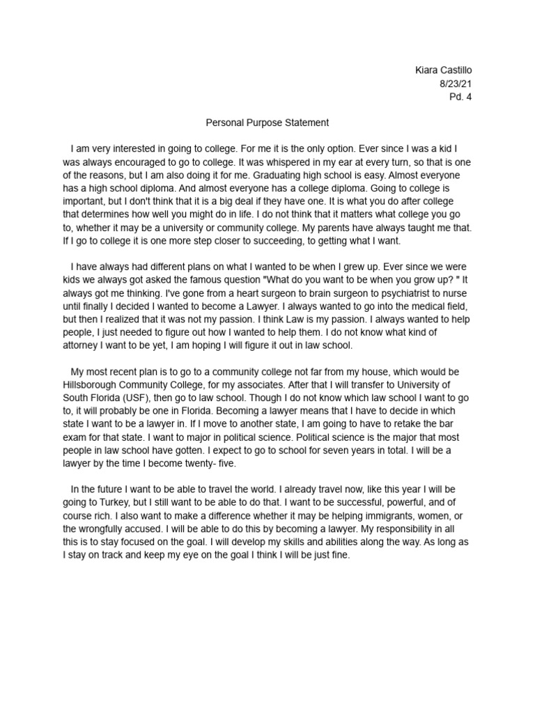 Personal Purpose Statement (Pd. 4) | PDF