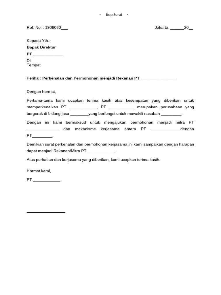 Draft - Surat Perkenalan Dan Permohonan Rekanan | PDF