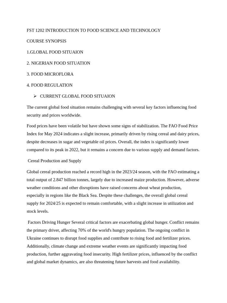 FST 1202 Introduction To Food Science and Technology 2024 | PDF