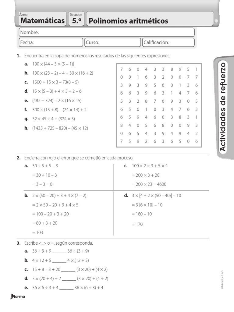 POLINOMIOS ARITMETICOS 5B | PDF