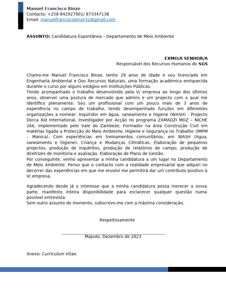 Carta de Candidatura - Manuel Francisco Binze | PDF