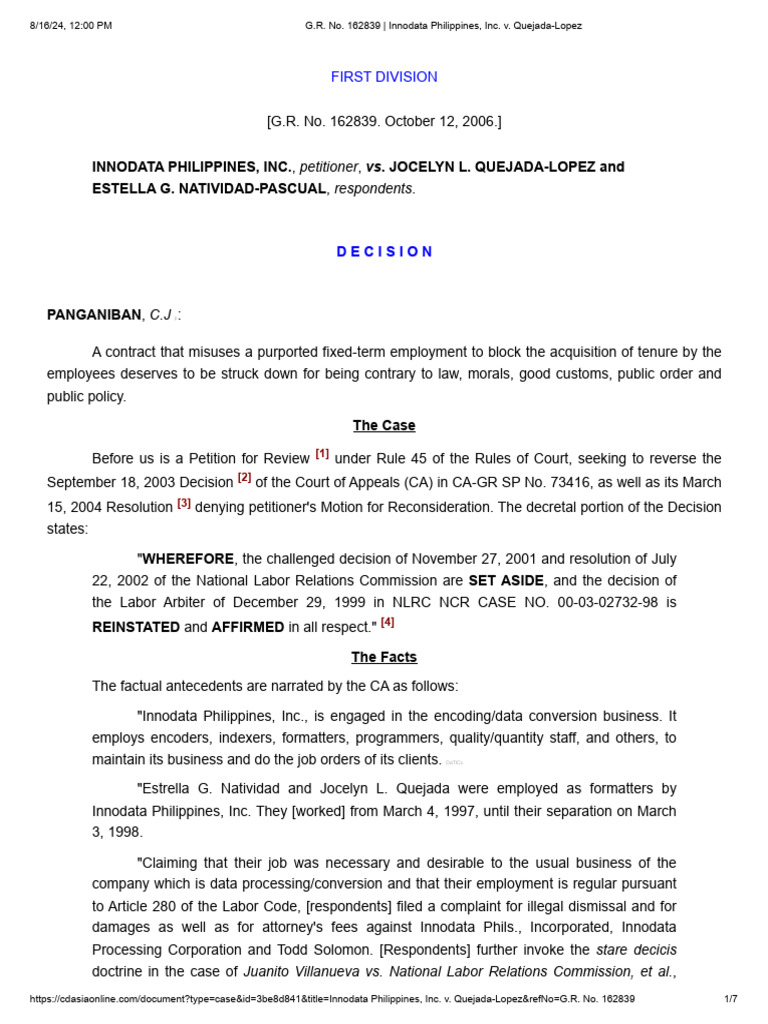 G.R. No. 162839 - Innodata Philippines, Inc. v. Quejada-Lopez | PDF