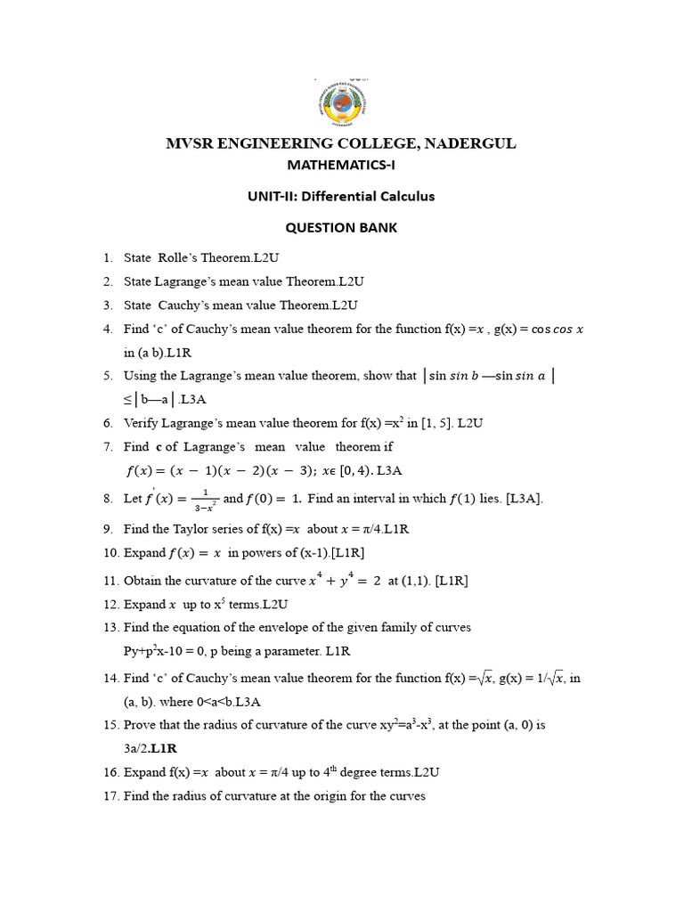 Unit-Ii Differential Calculus Question Bank | PDF
