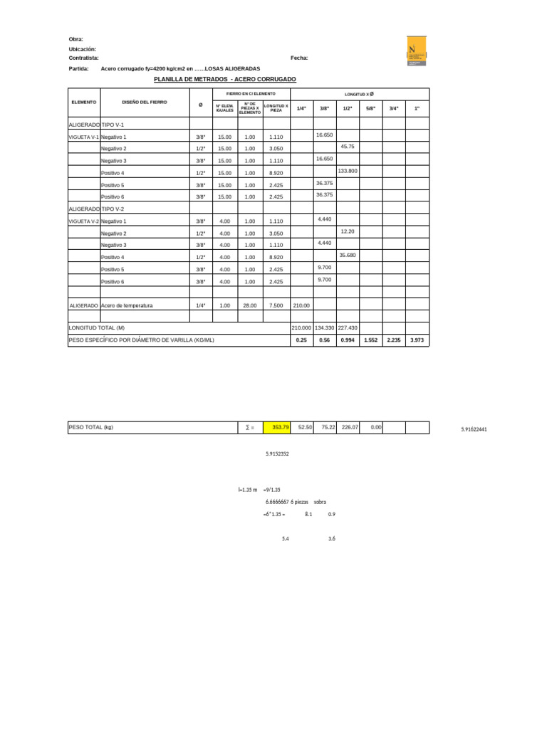 Planilla Acero - Losa Aligerada | PDF