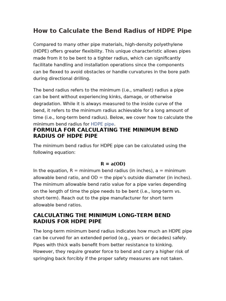 How To Calculate The Bend Radius of HDPE Pipe | PDF | Pipe (Fluid ...