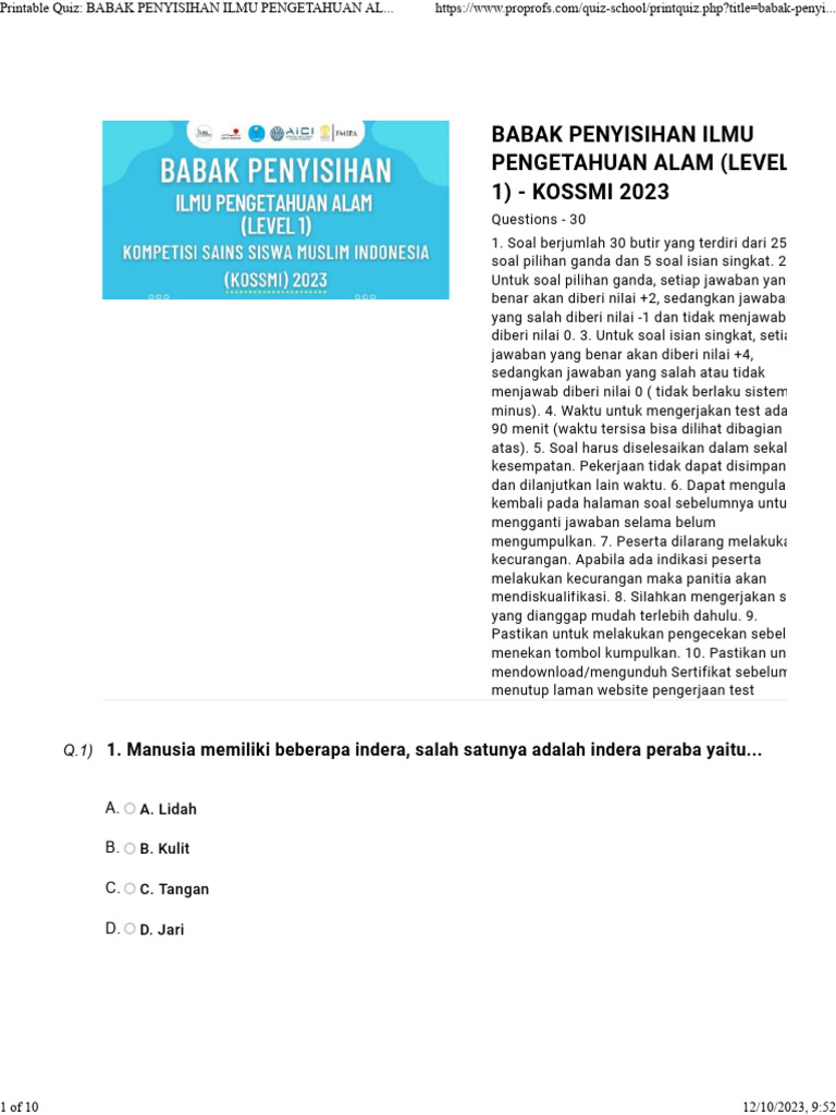 Babak Penyisihan Ipa (Level 1) - Kossmi 2023 | PDF