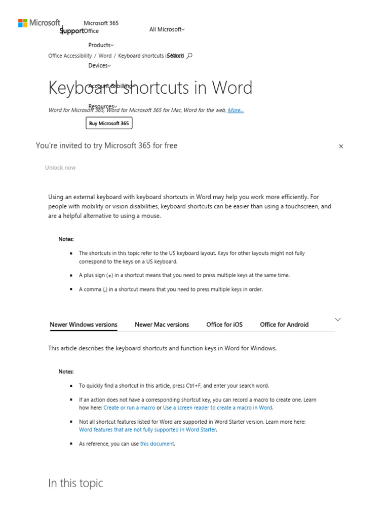 Keyboard Shortcuts in Word - Microsoft Support | PDF | Microsoft Word | Computer Keyboard