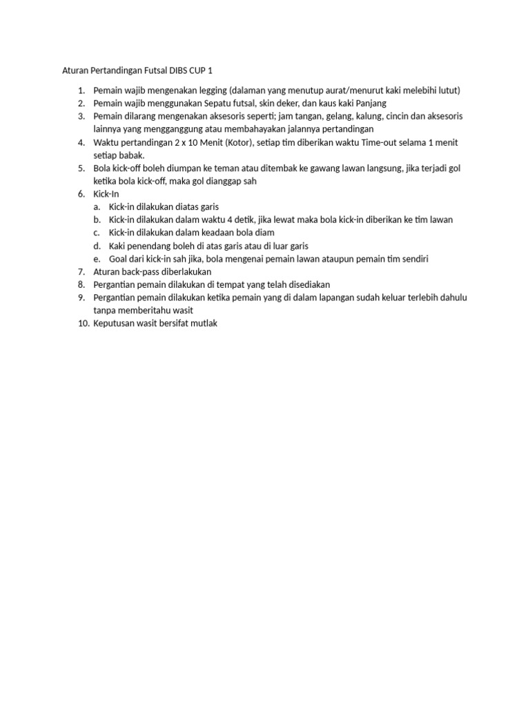 Aturan Pertandingan Futsal DIBS CUP 1 | PDF