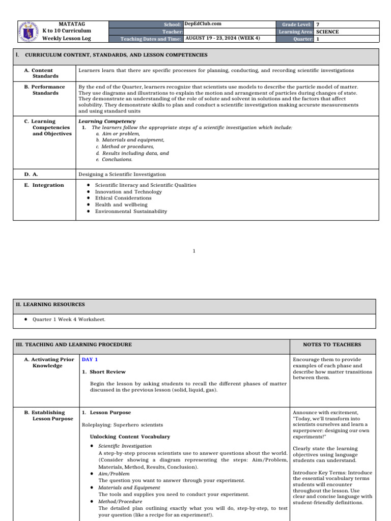 DLL Matatag - Science 7 Q1 W4 | PDF