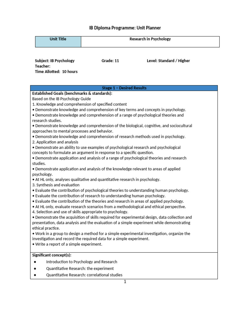 IB Diploma Programme: Unit Planner: Unit Title Research in Psychology | PDF