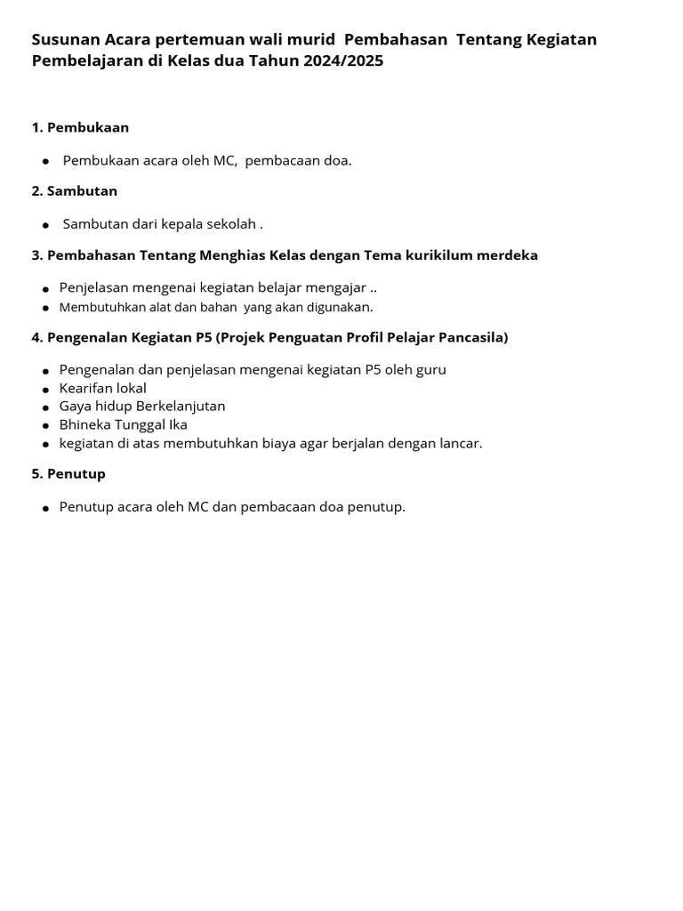 Susunan Acara Rapat Wali Murid | PDF