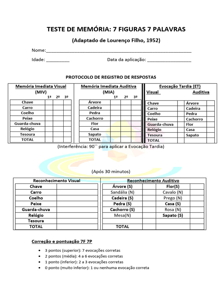 TESTE DE MEMÓRIA 7 Figuras 7 Palavras - Protocolo Registro | PDF