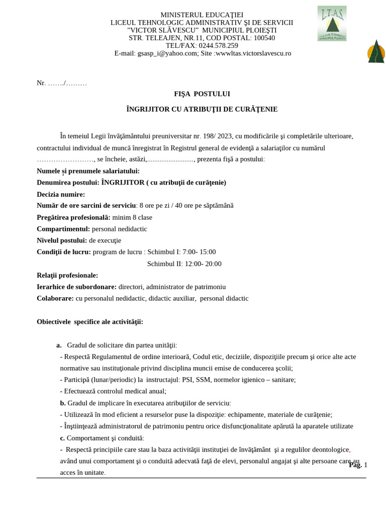 Fisa Post Ingrijitor Curatenie | PDF