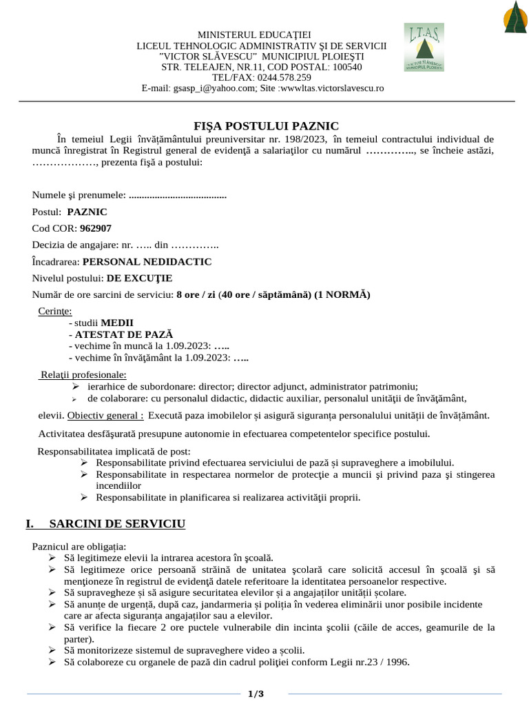 Fisa Post Paznic | PDF