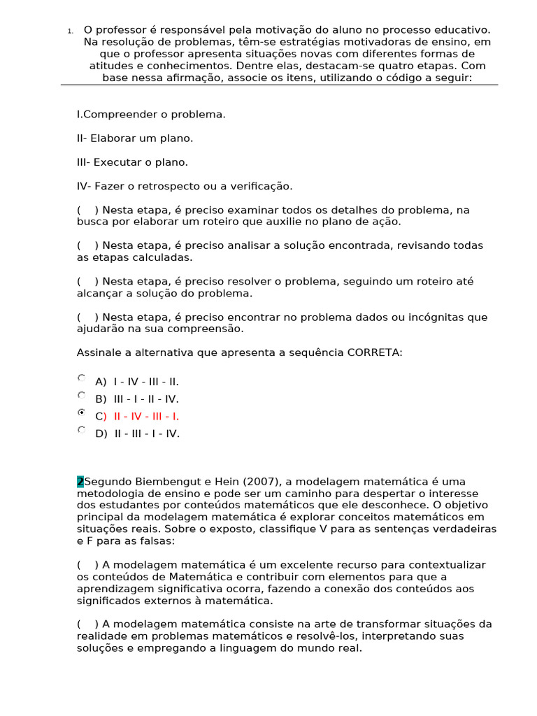 O Prova I Do Modulo Metodologia Do Ensino Da Matematica | PDF
