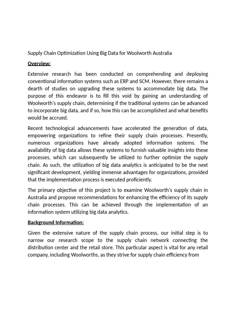 Supply Chain Optimization Using Big Data For Woolworth Australia Pdf