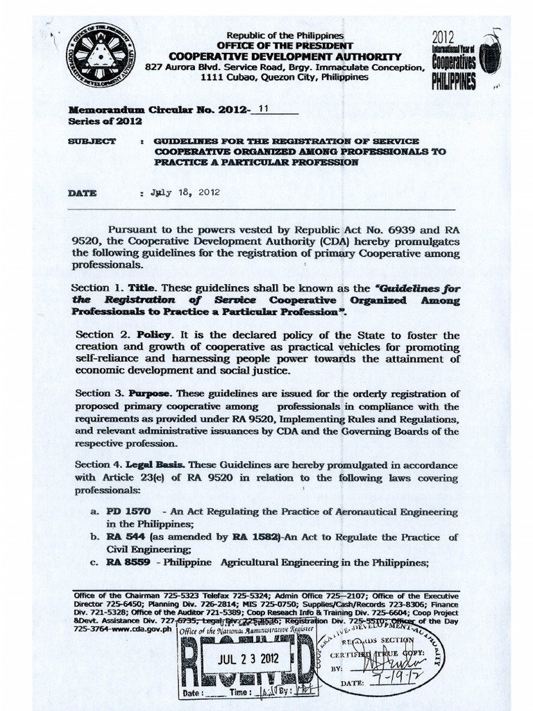 MC2012 11 Guidelines Reg of Service Coop Organized Professionals To Practice Particular ...