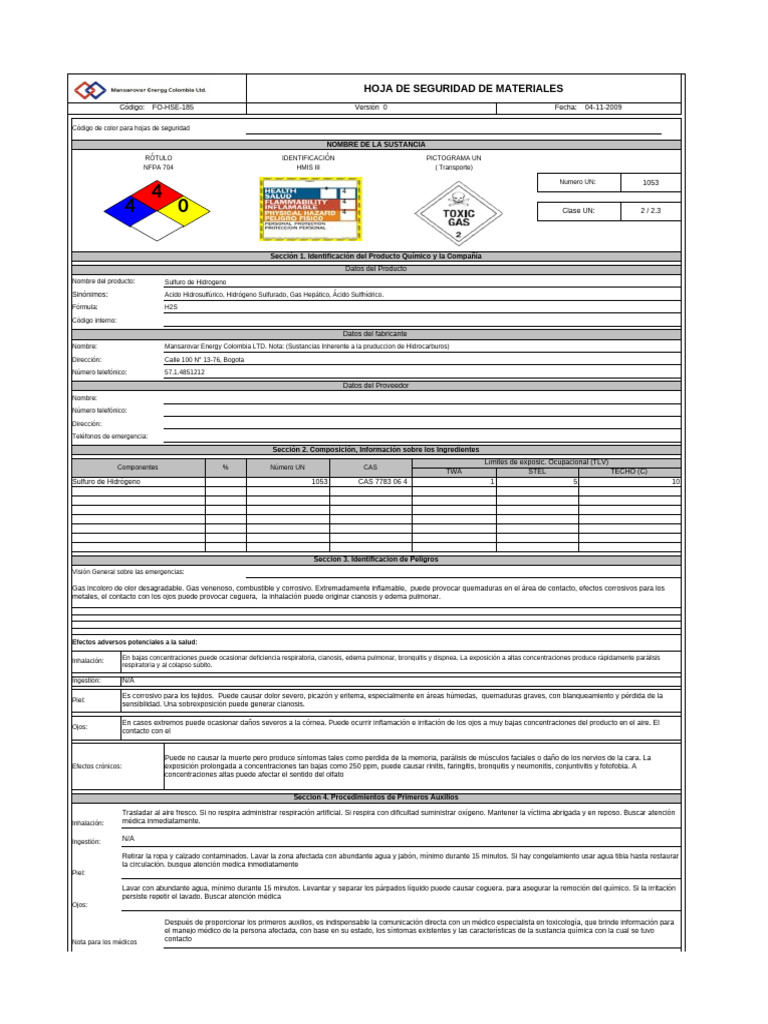 Anexo 1 Hoja de Seguridad de Materiales para H2S | PDF