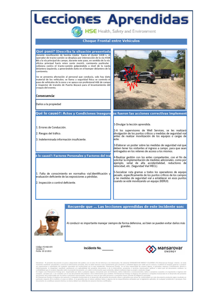 FO-HSE-55 Leccion Aprendida - Choque Vehicular MOR 26-08-18 | PDF
