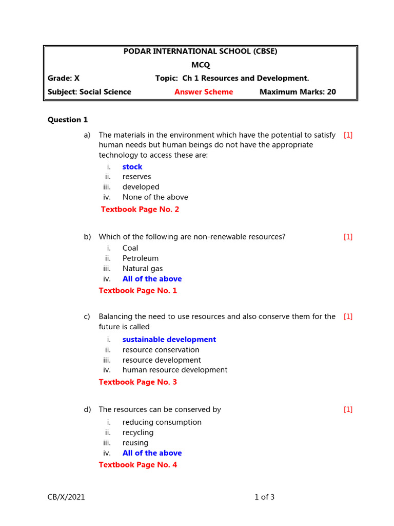 1724334374203.AS - CBSE - X - SS - CH 1 Resources and Development - MCQ | PDF | Soil | Natural ...