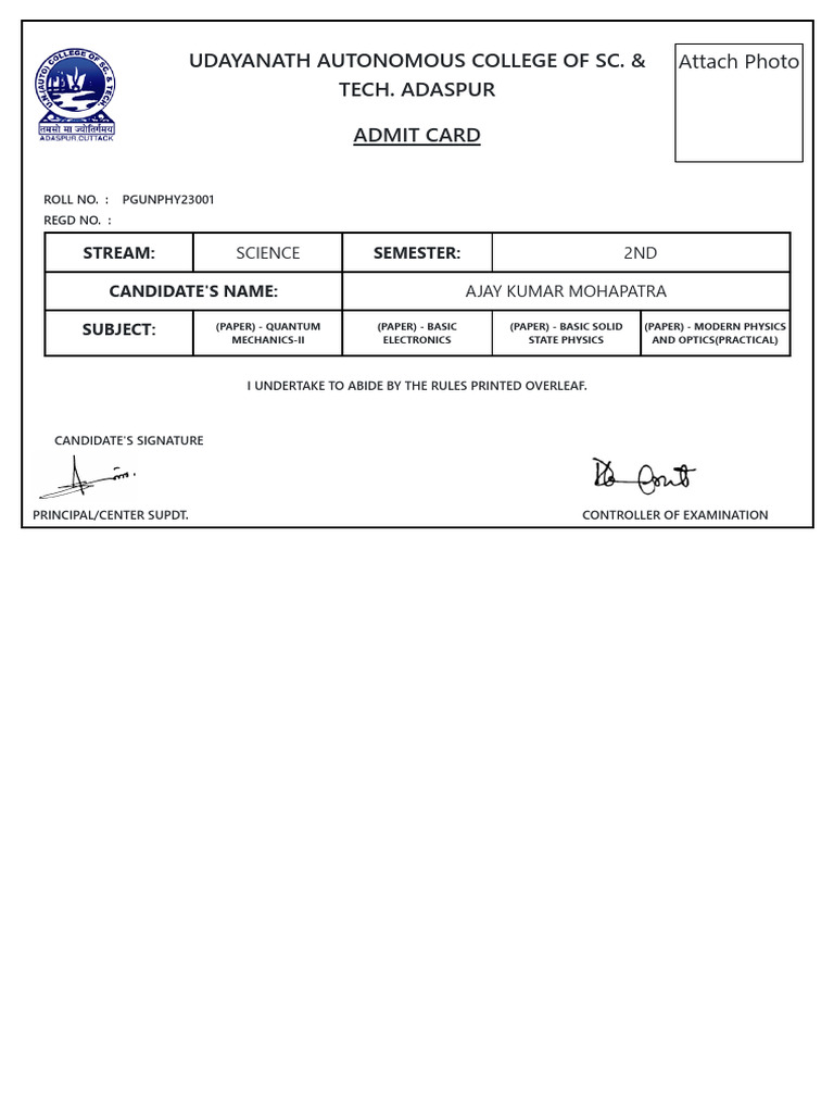 Udayanath Autonomous College of Sc. & Tech. Adaspur Admit Card | PDF