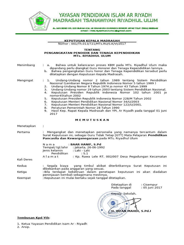 Keputusan Kepala Madrasah - Baar Hanif | PDF