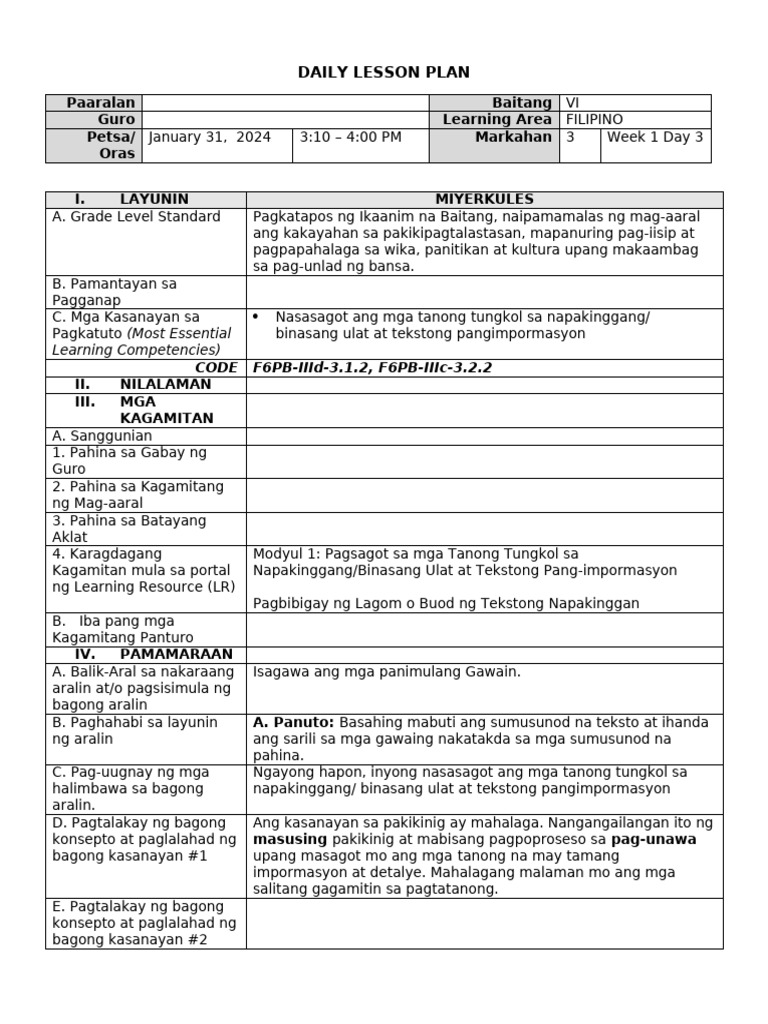 DAILY LESSON PLAN Q3 - Week1 - Day 1 | PDF