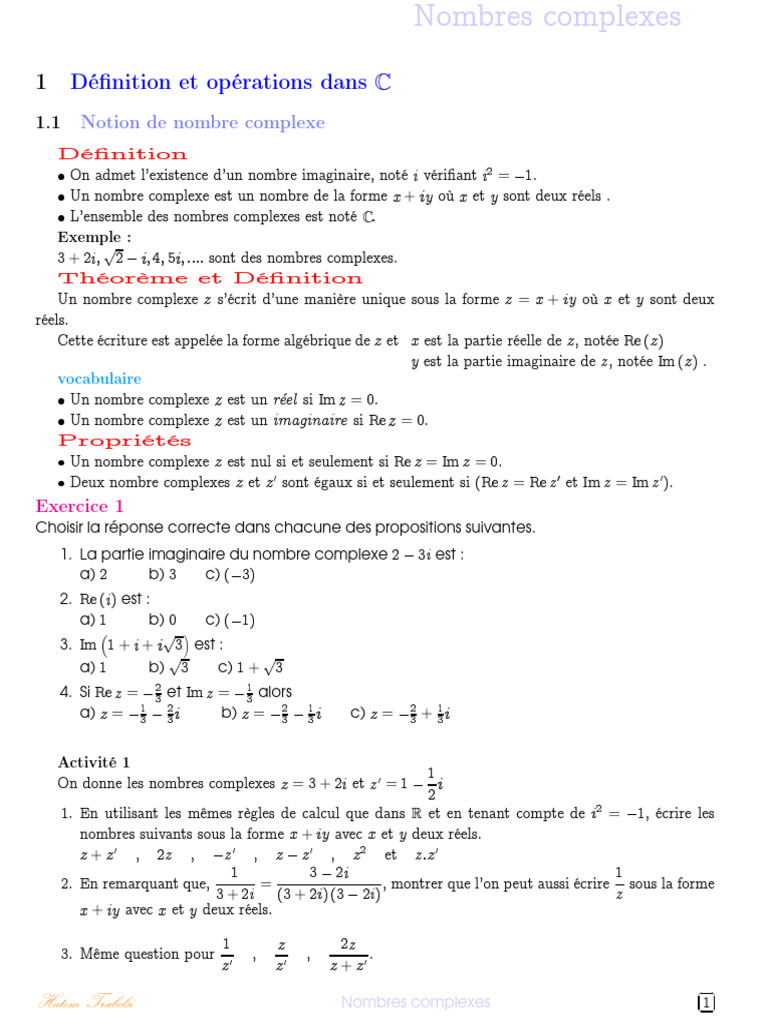 Cours Nombres Complexes 1 | PDF